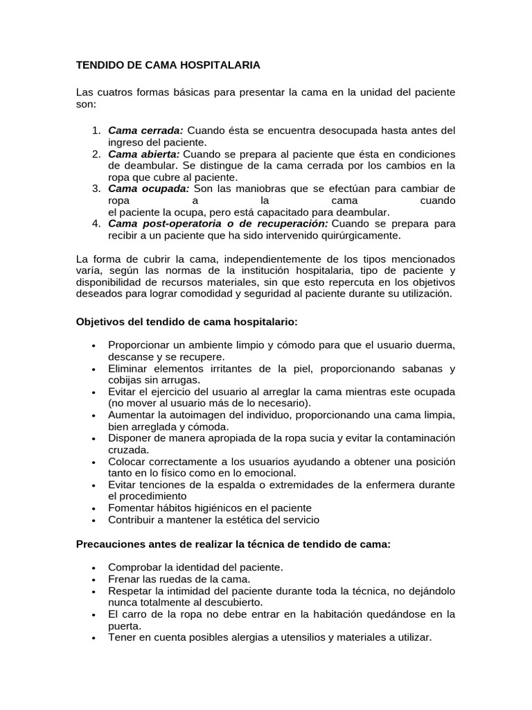 Tipos de Tendido de Cama Hospitalaria | PDF | Cama | Lecho