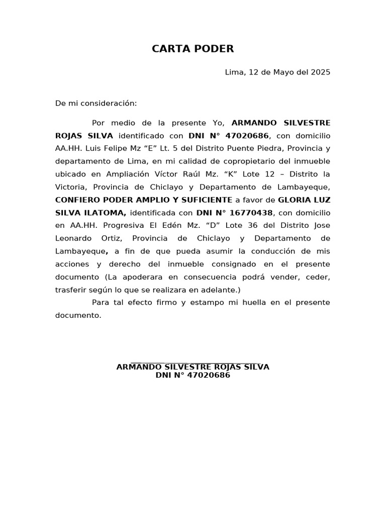 Carta Poder de Propiedad Inmobiliaria | PDF