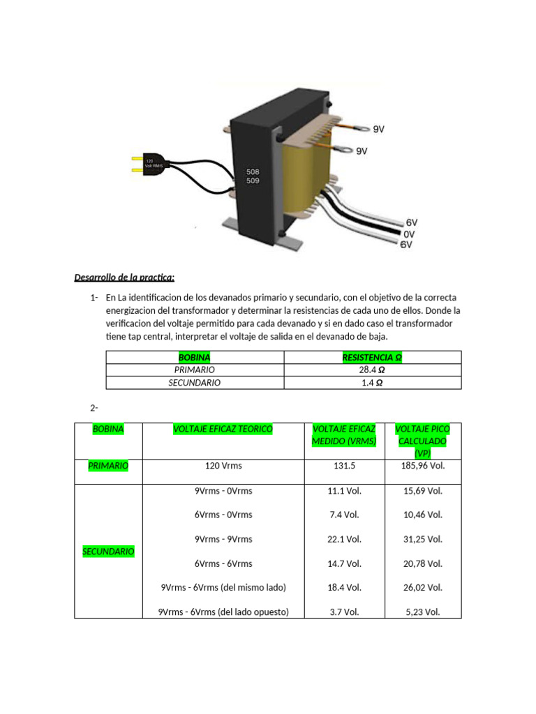Desarrollo de La Practica Transformadores | PDF | Transformador | voltaje