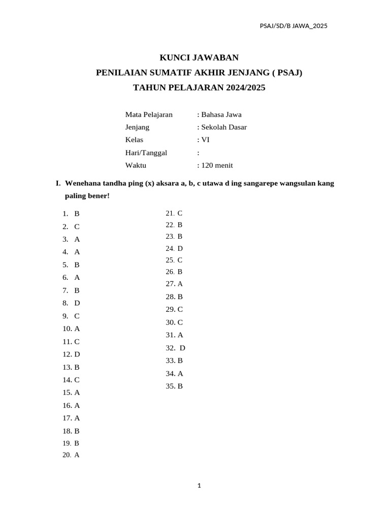 Kunci Jawaban Psaj Bahasa Jawa 2025 | PDF
