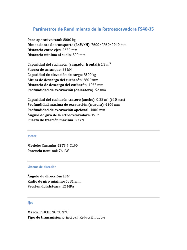 FS40-35 Backhoe Loader Specs Spanish | PDF