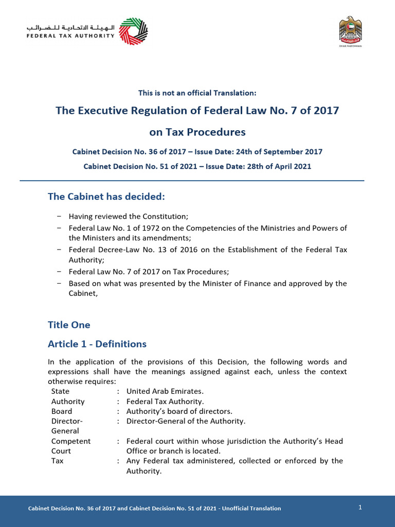 UAE Tax Procedures Cabinet Decisions | PDF | Taxation In The United ...