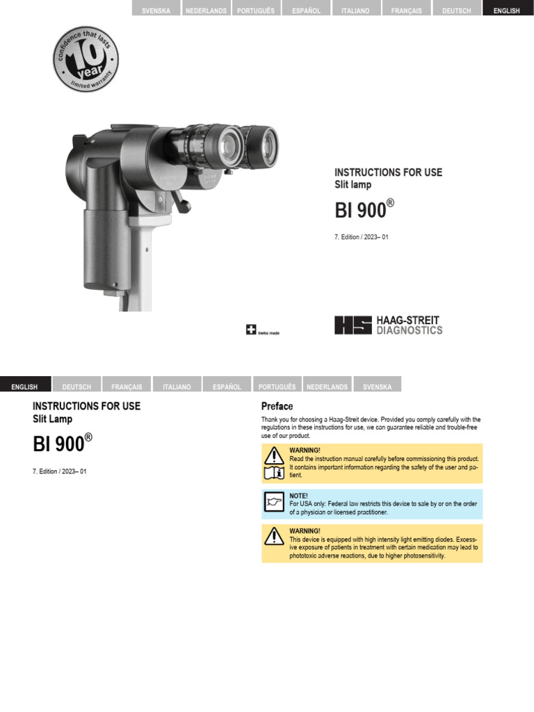 Slit Lamp BI 900 User Instructions | PDF | Electromagnetic Radiation ...