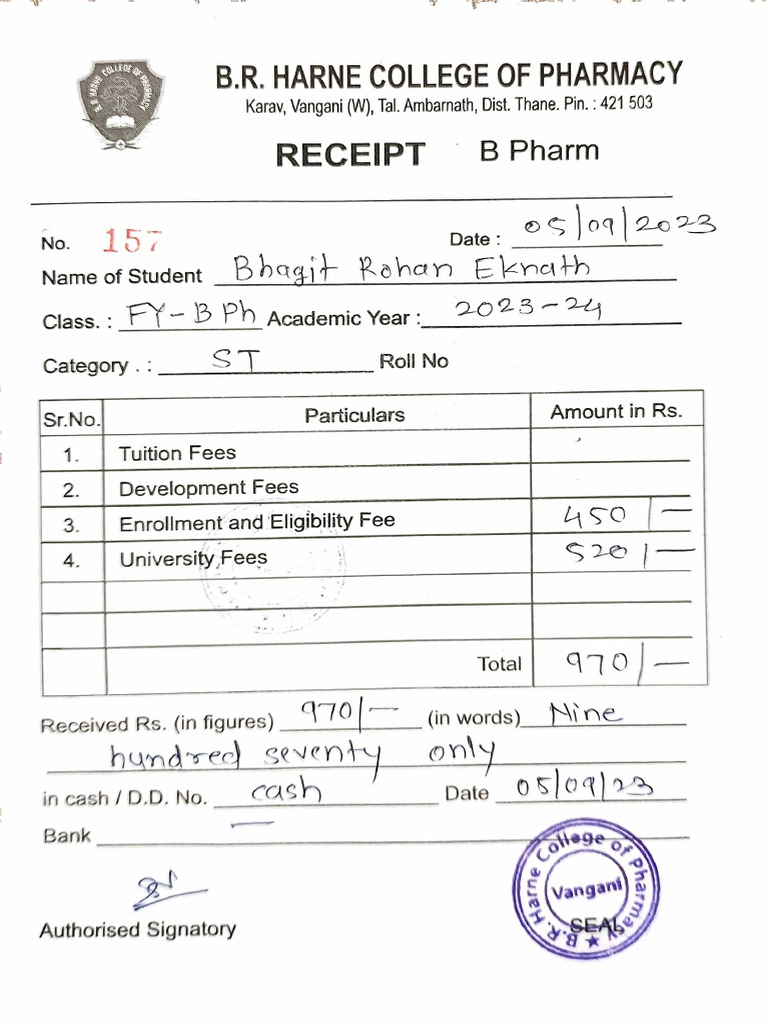 B R Harne College Fee Receipt | PDF