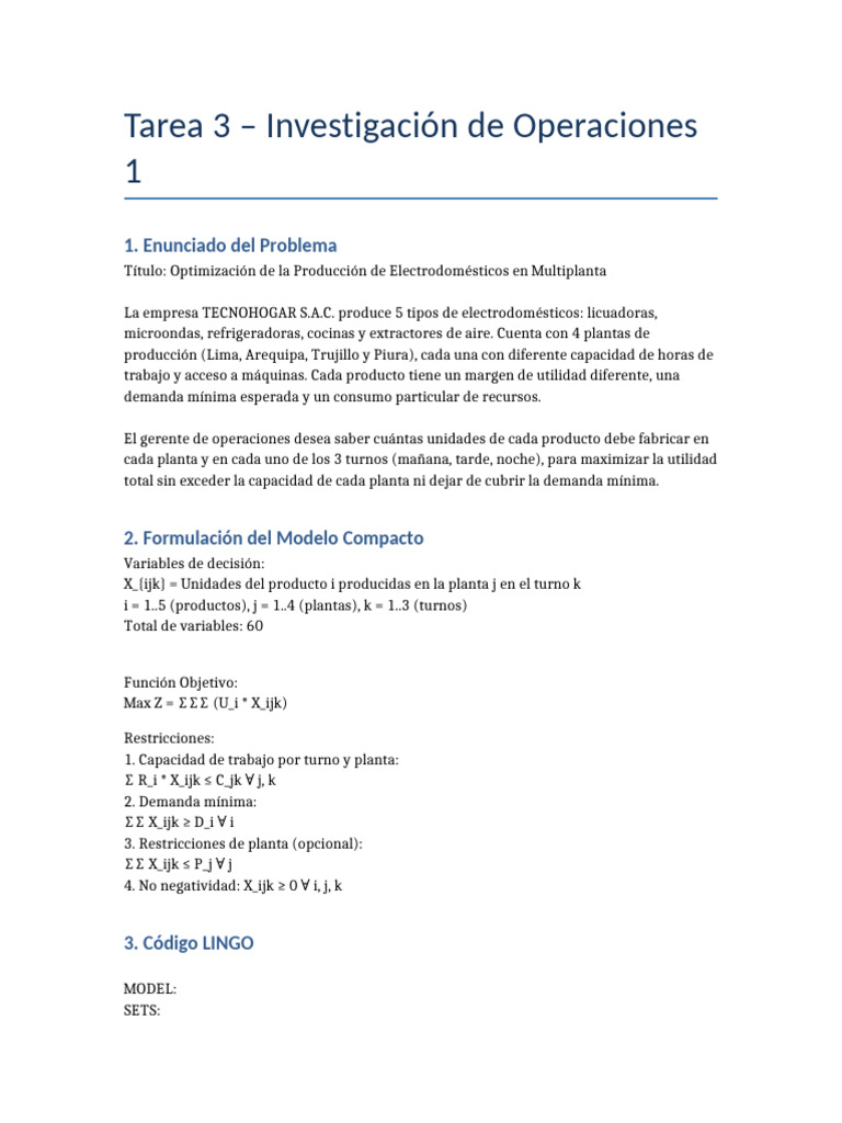 Tarea3 IO1 Modelo Produccion LINGO | PDF