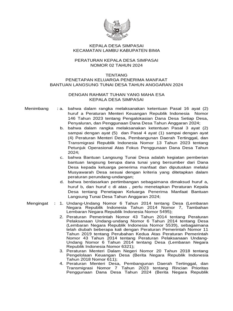 Konsideran Perkades BLT Tahun 2024 | PDF