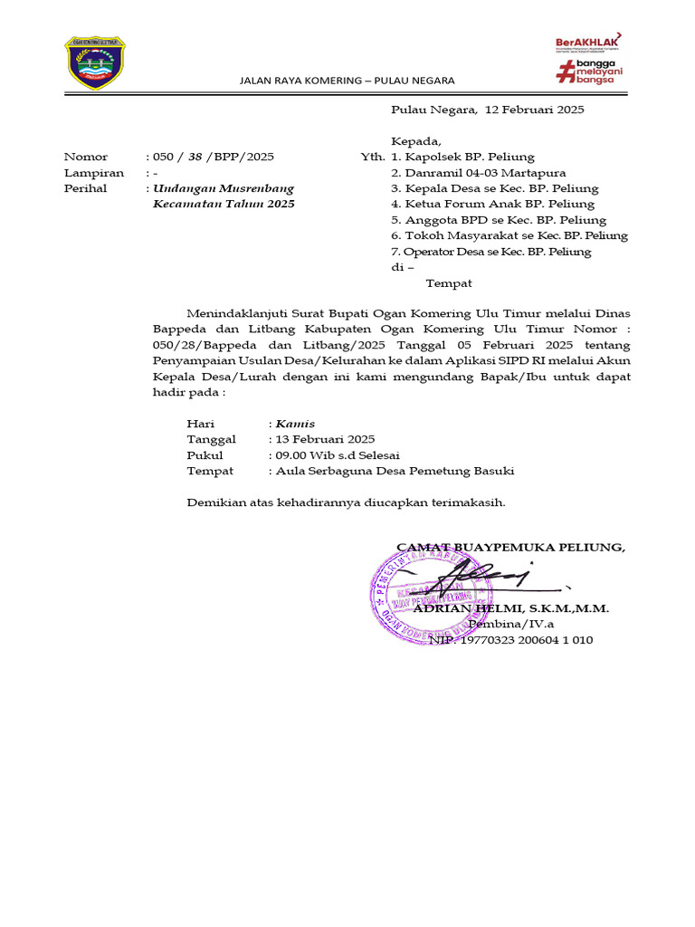Undangan Musrenbang Kecamatan BP Peliung | PDF