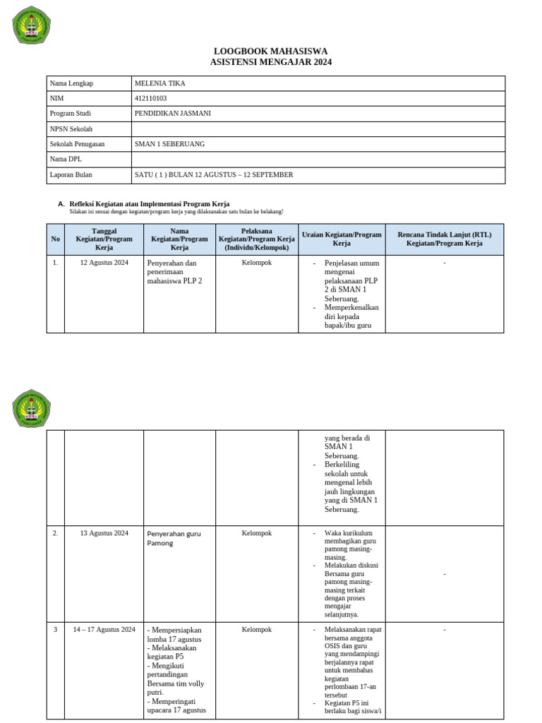 Logbook Bulan Mahasiswa ( 12 Agustus 12 September | PDF