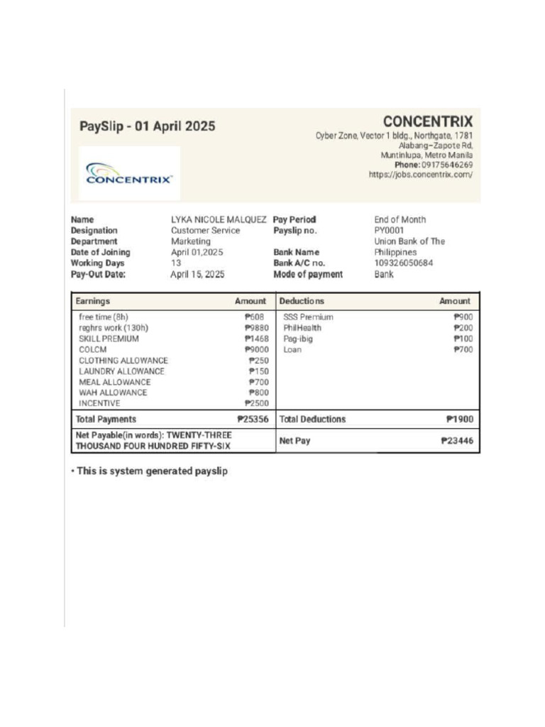 Payslip Concentrix | PDF