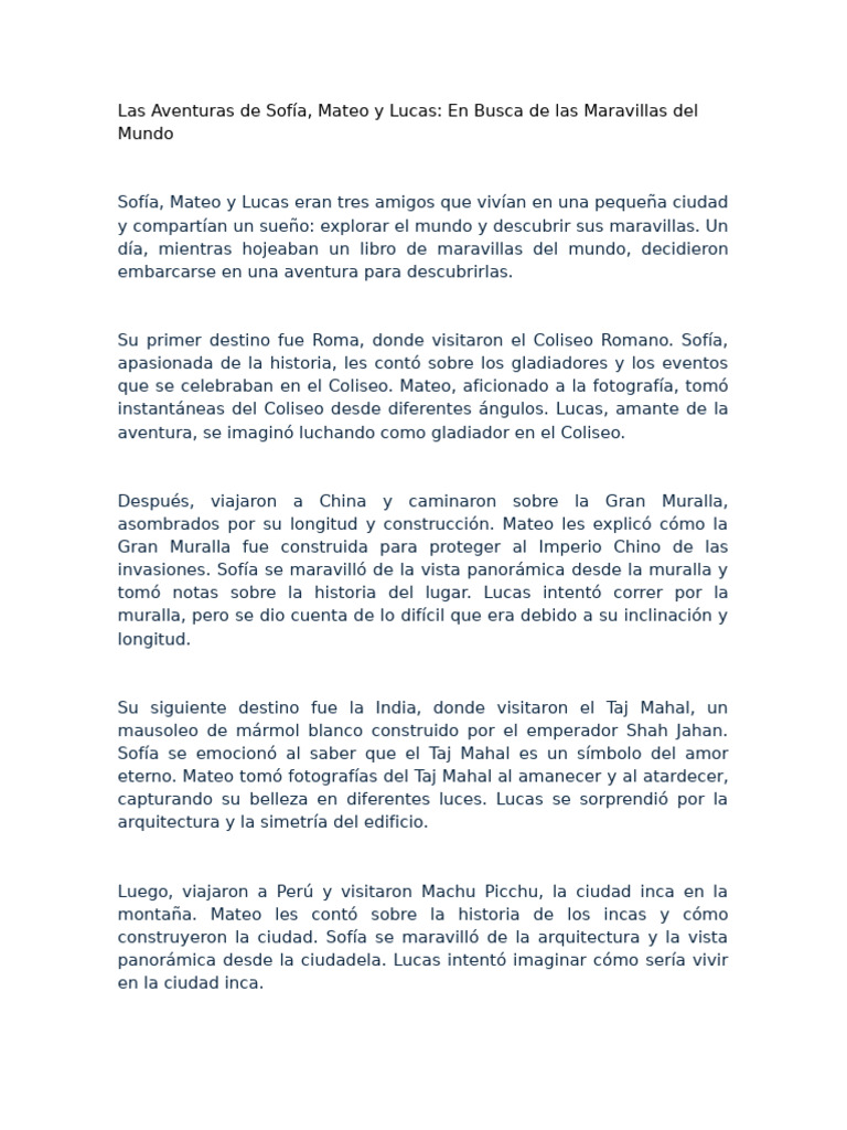 Las Aventuras de Sofía, Mateo y Lucas: en Busca de Las Maravillas Del Mundo | PDF