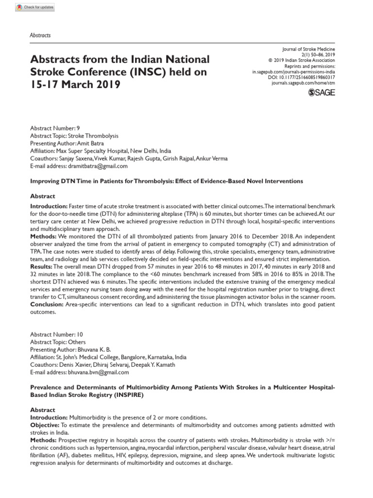 Abstracts From The Indian National Stroke Conference Insc Held o 2019 | PDF | Stroke ...