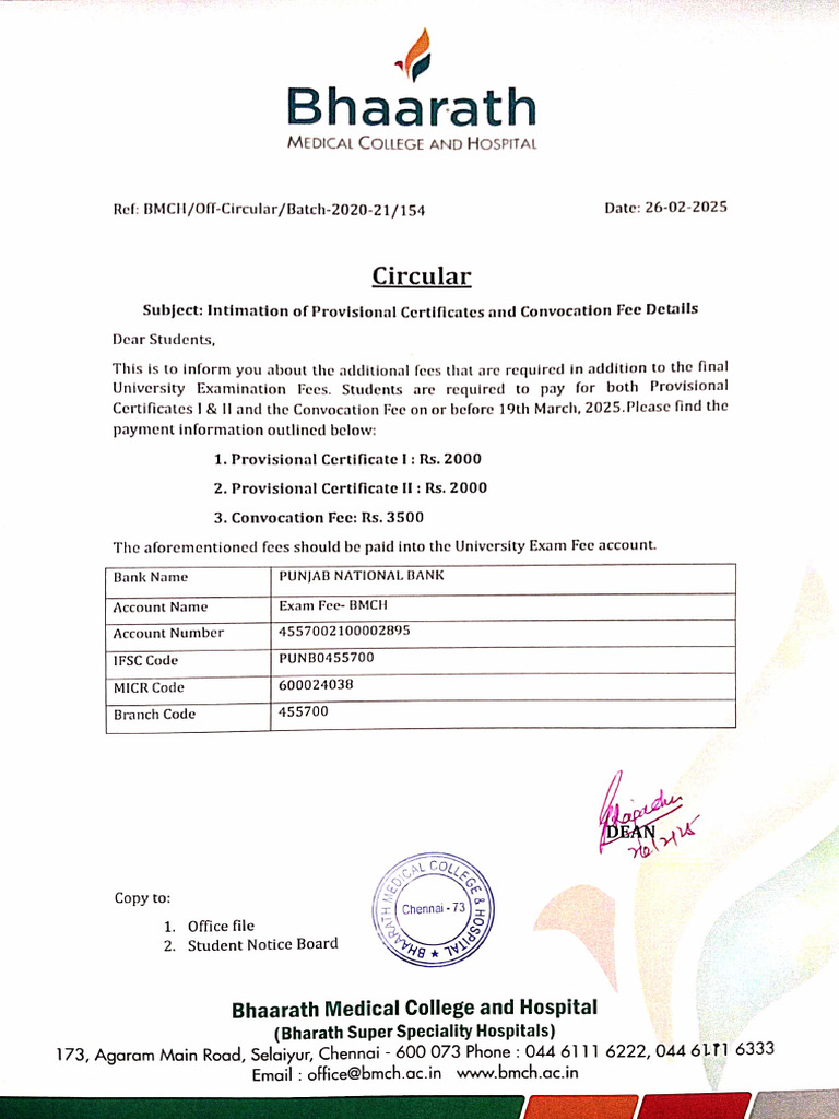 Intimation of Provisional Certificates and Convocation Fee - Reg | PDF