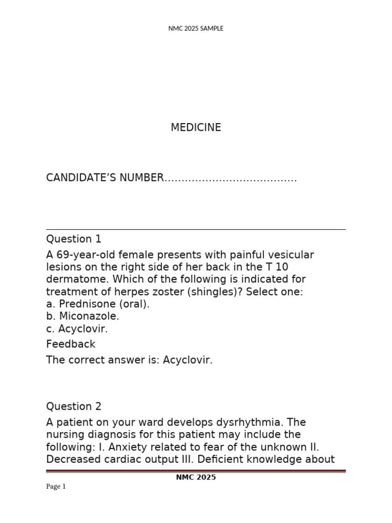 NMC 2025 Nursing Exam Sample Questions | PDF | Naloxone | Edema