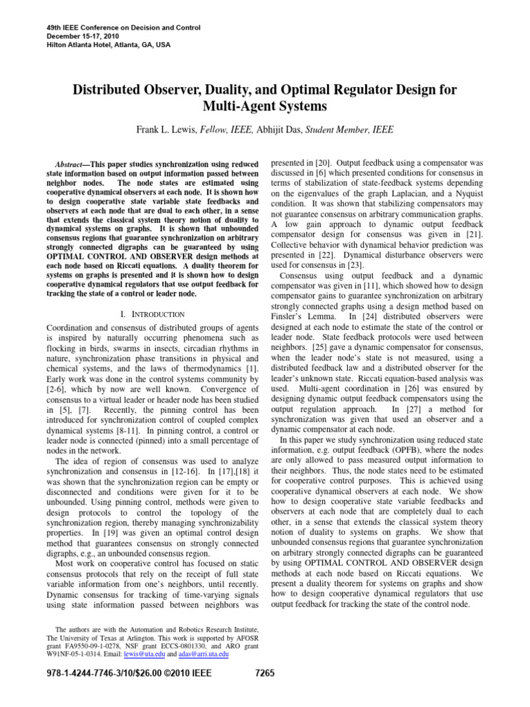 IC-9 Distributed Observer CDC paper | PDF | Matrix (Mathematics) | Stability Theory