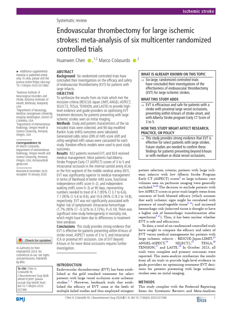 Chen Meta-Analysis MT Large Core Stroke JNS 2024 | PDF | Stroke ...