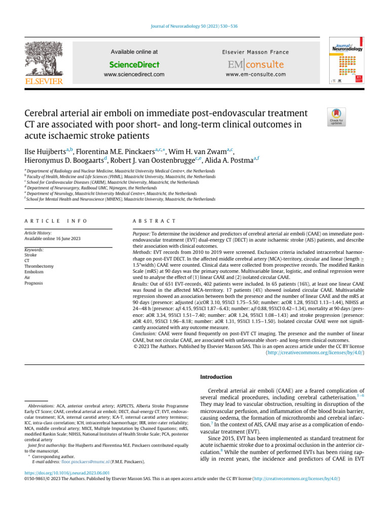 2023 - Cerebral Arterial Air Emboli On Immediate Post-Endovascular ...