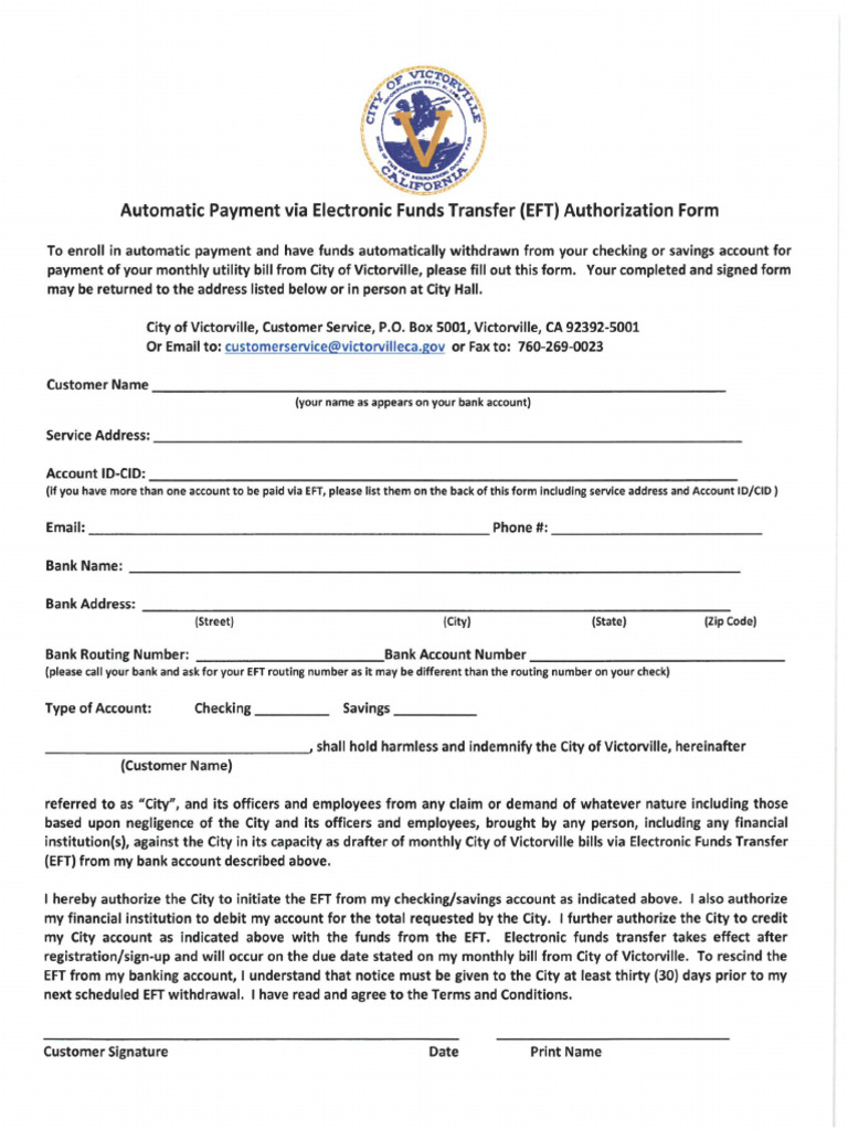 Automatic Payment Via Electronic Fund Transfer Authorization Form and ...