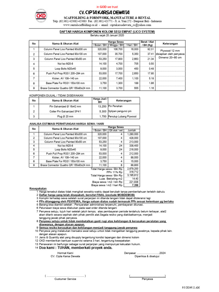 09 Juli 2024 Rental LICO System Price List | PDF