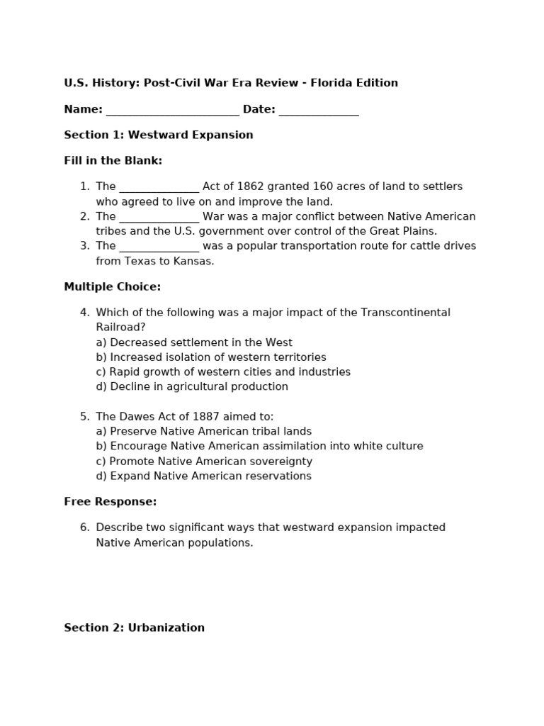 U.S. History Post-Civil War Era Review - Florida Edition | PDF | People ...