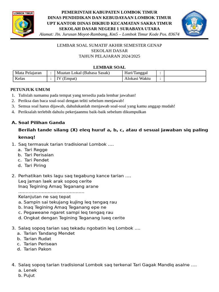 Soal Sas Mulok KLS 4 Kurmer | PDF