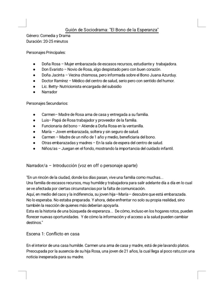 Guión OFICIAL de Sociodrama - El Bono de La Esperanza | PDF