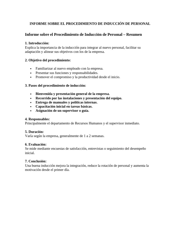 Informe Sobre El Procedimiento de Inducción de Personal - Resumen | PDF ...