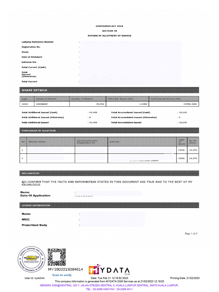 Sample SECTION 78 - RETURN OF ALLOTMENT SHARES | PDF | Qr Code | Smartphone