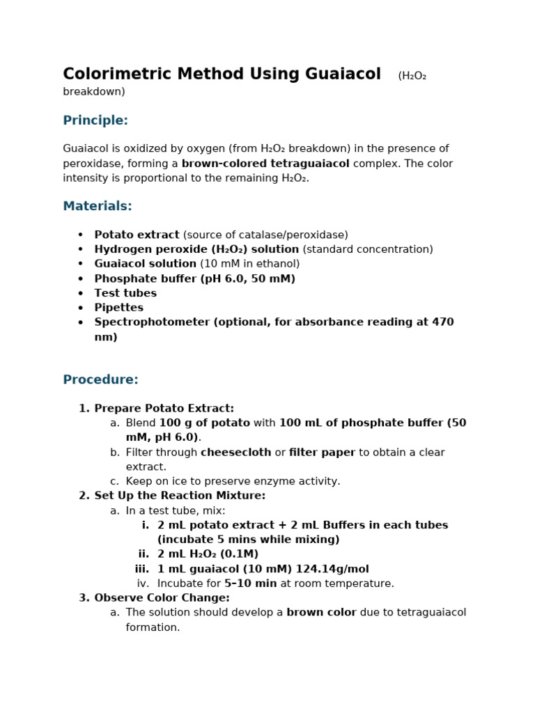 Colorimetric Method - H₂O₂ breakdown - Using Guaiacol - Copy | PDF