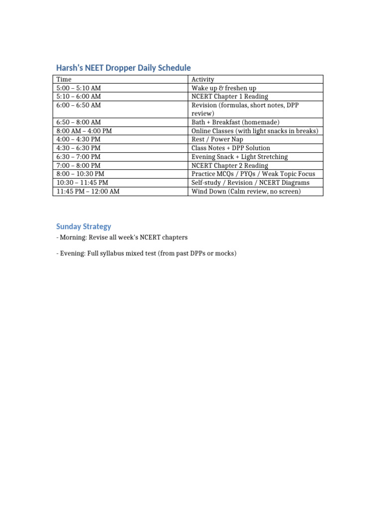 Harsh_NEET_Dropper_Schedule | PDF