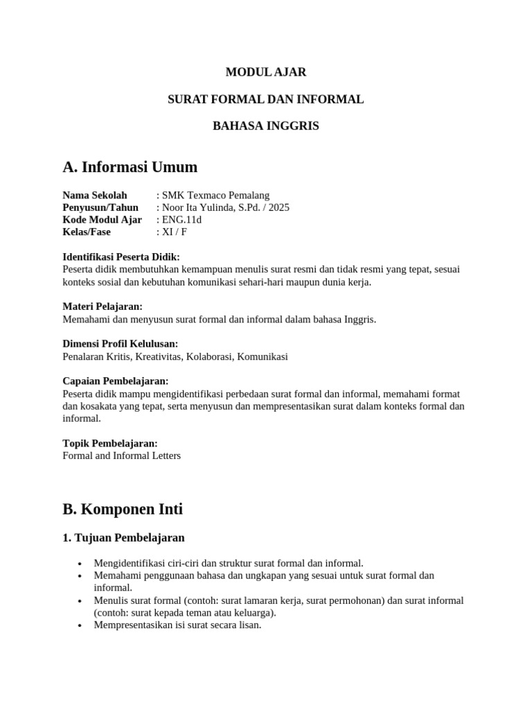 Modul Ajar Surat Formal dan Informal | PDF