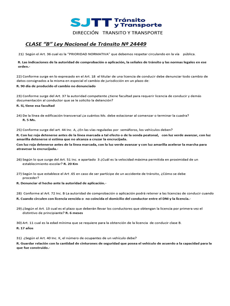 Cuestionario Clase B | PDF | Tráfico | Licencia de conducir