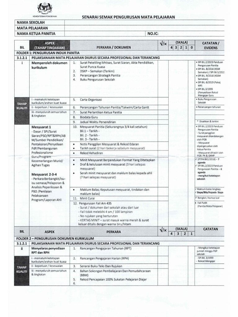 Senarai Semak Pengurusan Mata Pelajaran | PDF