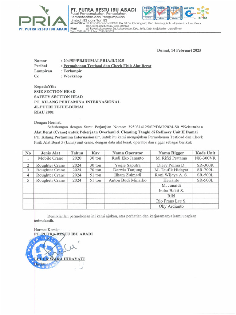 204 Permohonan Testload PT PRIA | PDF