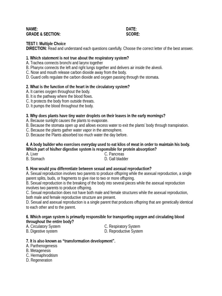 TOS-QUESTIONNAIRE-ANSWER-KEY | PDF | Human Body | Plants