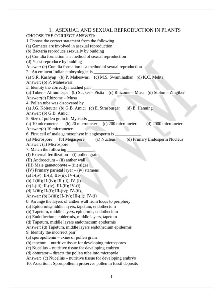 Chapter 1 Asexual and Sexual Reproduction in Plants Class 12 | PDF ...