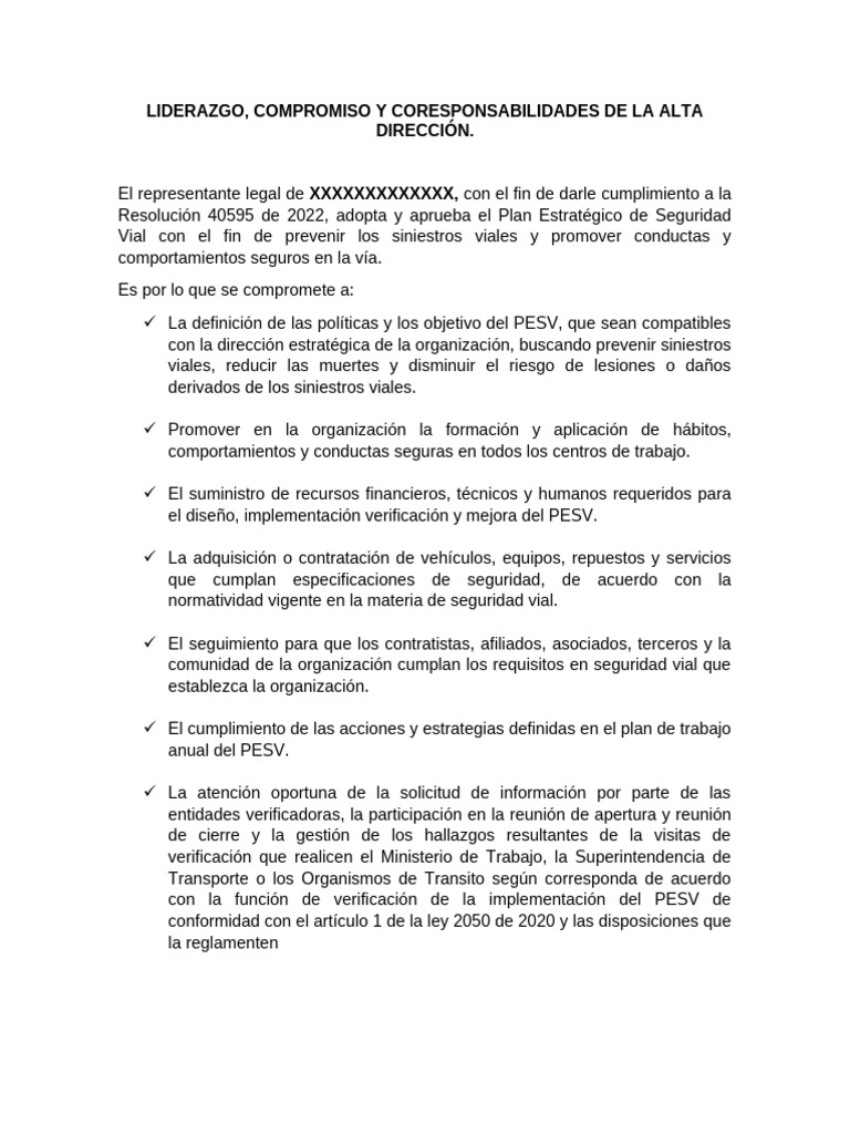 LIDERAZGO COMPROMISO Y CORESPONSABILIDAD DEL RL PESV | PDF