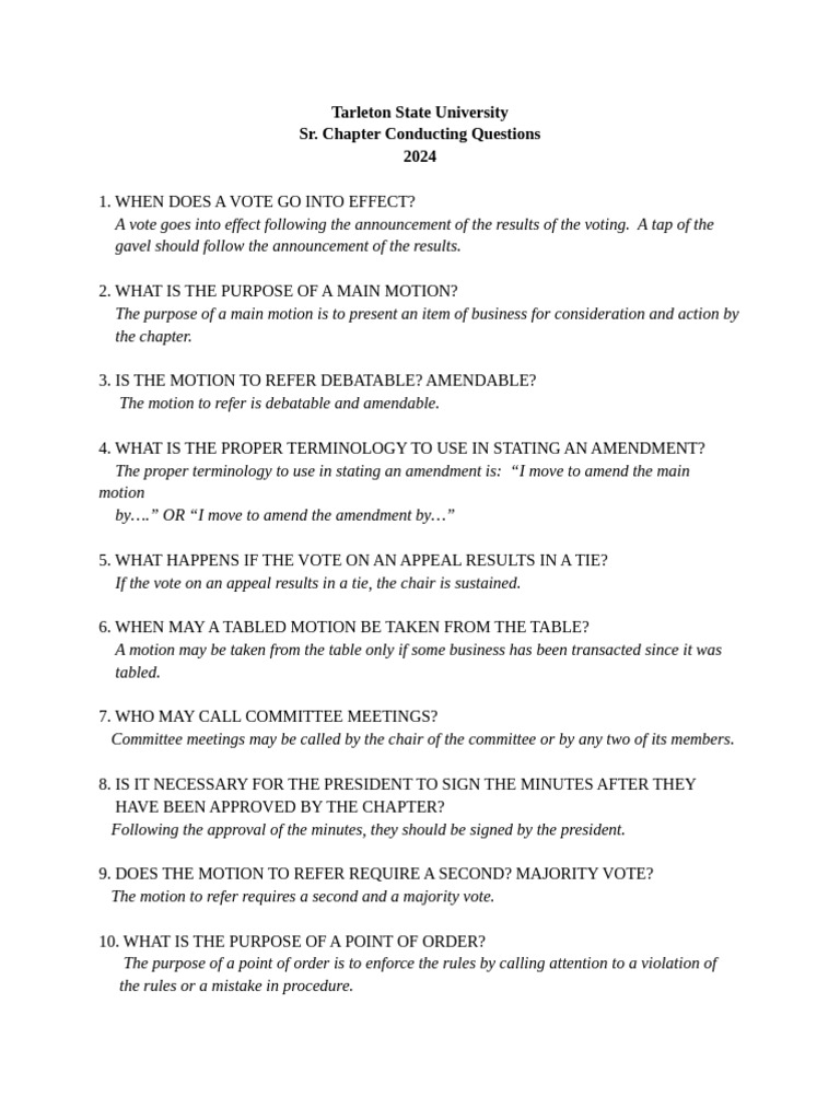 Tarleton State University Sr. Chapter Conducting Questions 2024 | PDF