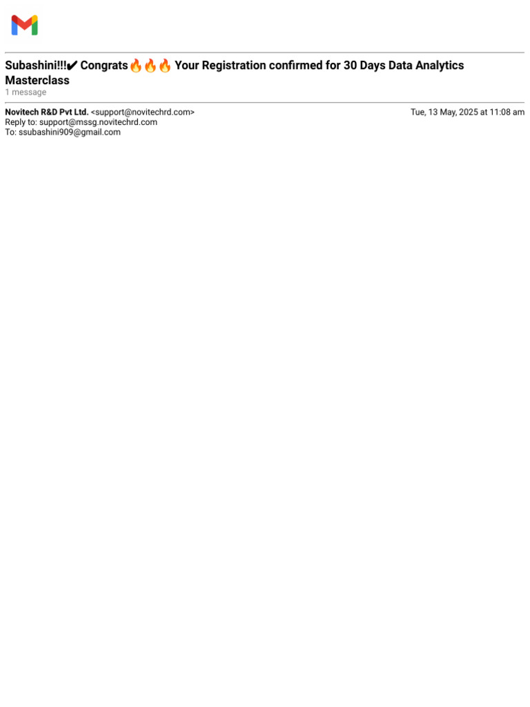 Gmail - Subashini!!! Congrats??? Your Registration Confirmed For 30 Days Data Analytics ...
