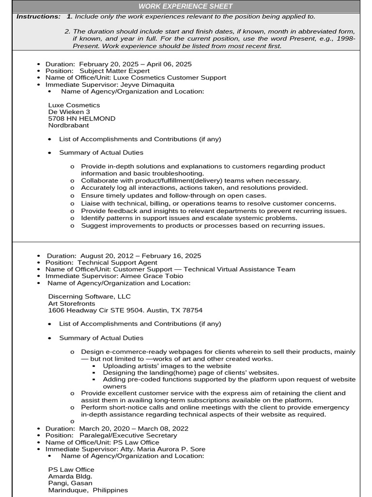 CS-Form-No.-212-Attachment-Work-Experience-Sheet-Sample | PDF ...