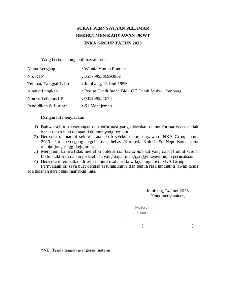 Form Pernyataan Rekrutmen PKWT Jun 2023 | PDF