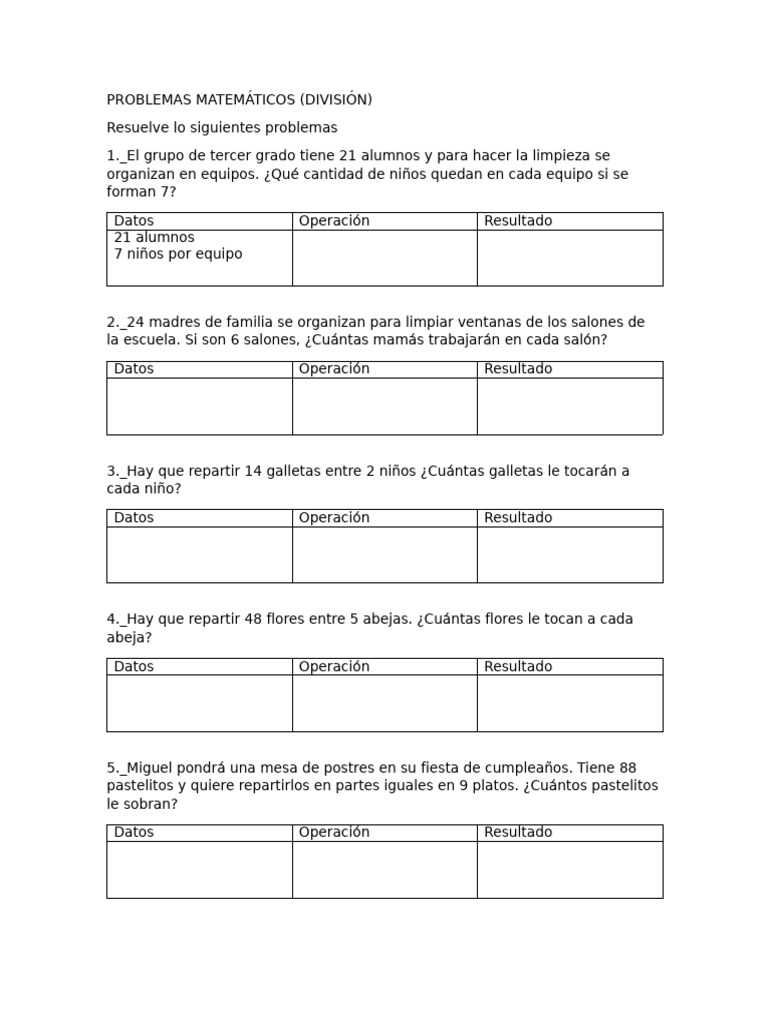 Problemas de División para Tercer Grado | PDF