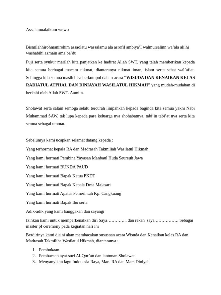 Teks MC Wisuda Madrasah Diniyah | PDF