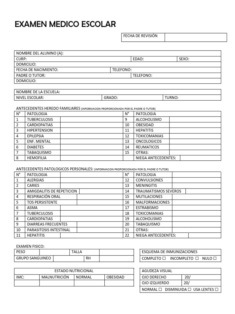 Formato de Examen Médico Escolar | PDF | Enfermedades y trastornos ...