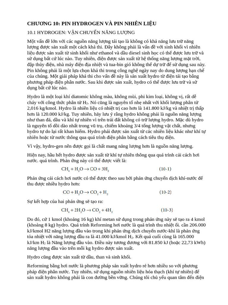 CHƯƠNG 10 PIN HYROGEN VÀ PIN NHIÊN LIỆU | PDF