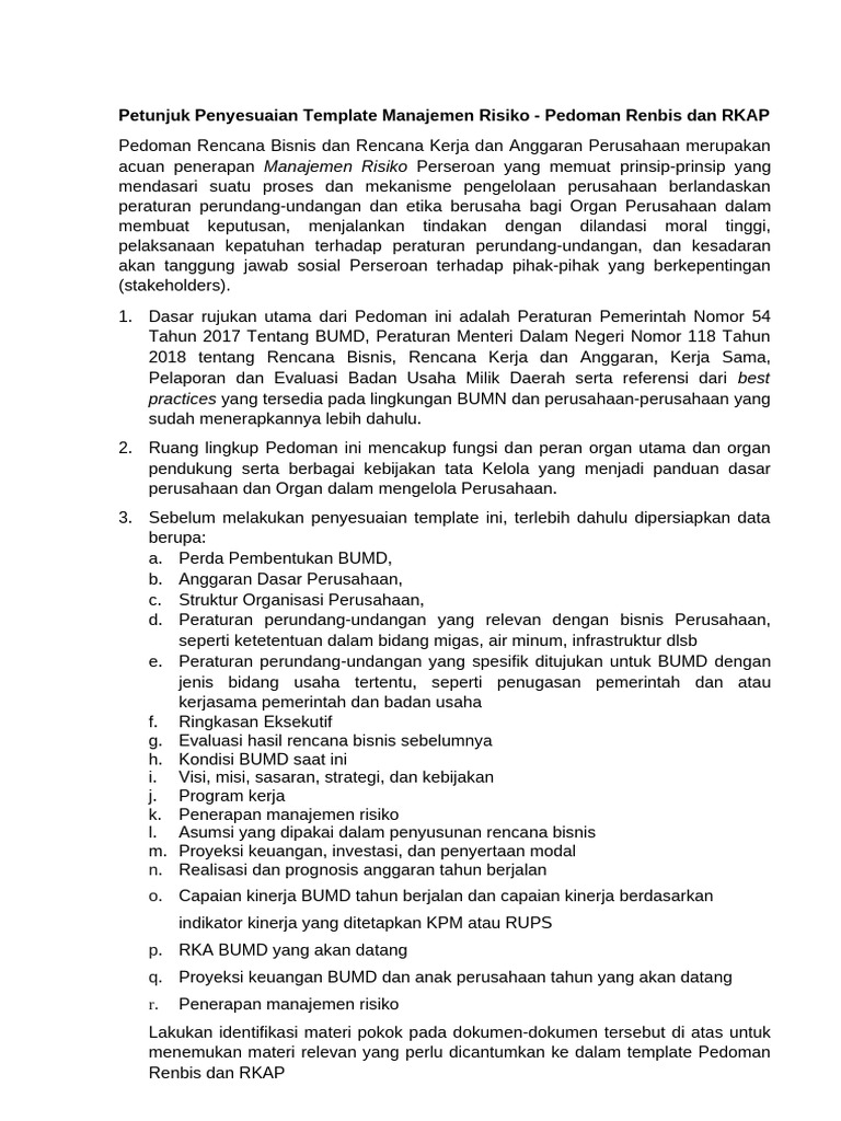 Template Pedoman Renbis Dan RKAP BUMD | PDF