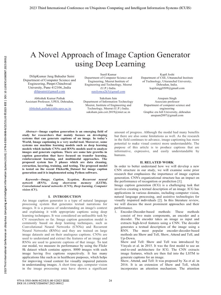 A Novel Approach of Image Caption Generator Using Deep Learning | PDF | Deep Learning ...