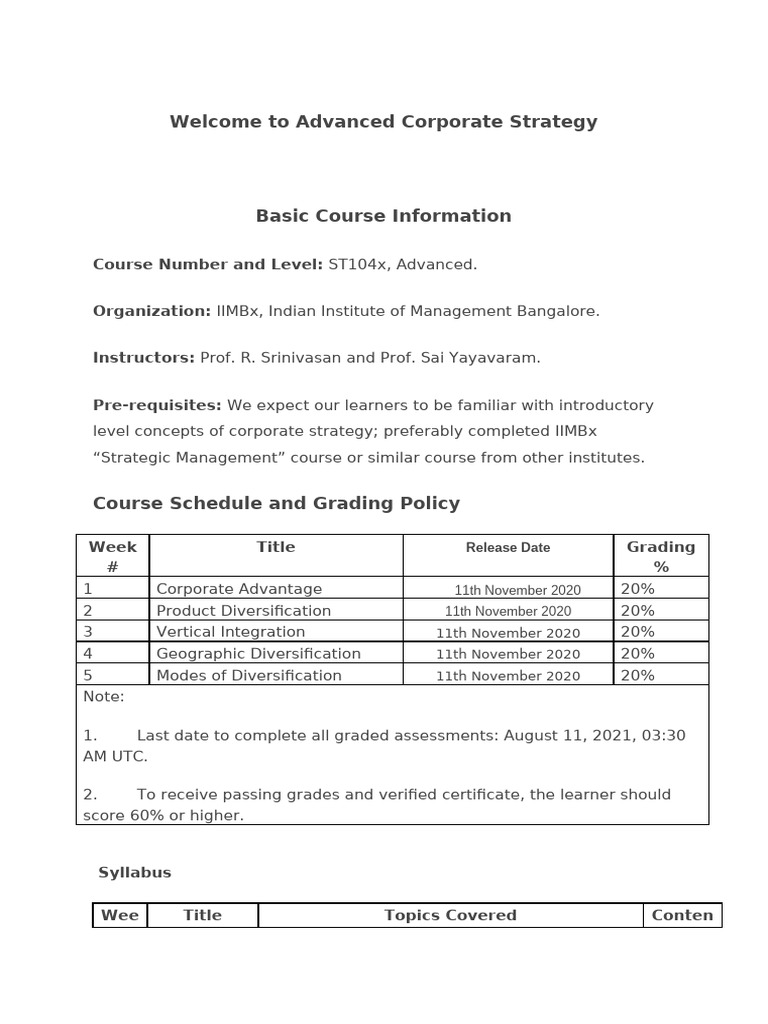 Syllabus Advanced Corporate Strategy | PDF | Strategic Management ...