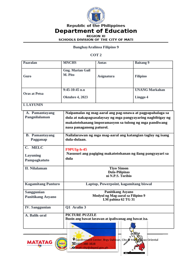 COT 1-Banghay Aralin - TIYO SIMON | PDF