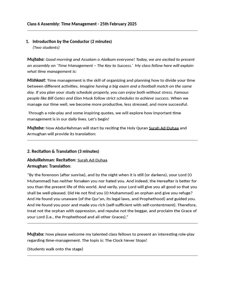 Time Management Assembly for Class 6 | PDF | Time Management ...