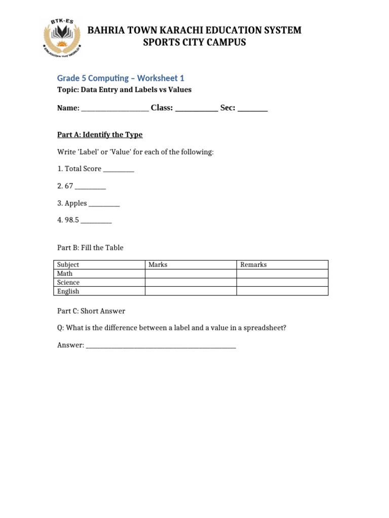 Grade5 Spreadsheet Worksheets | PDF